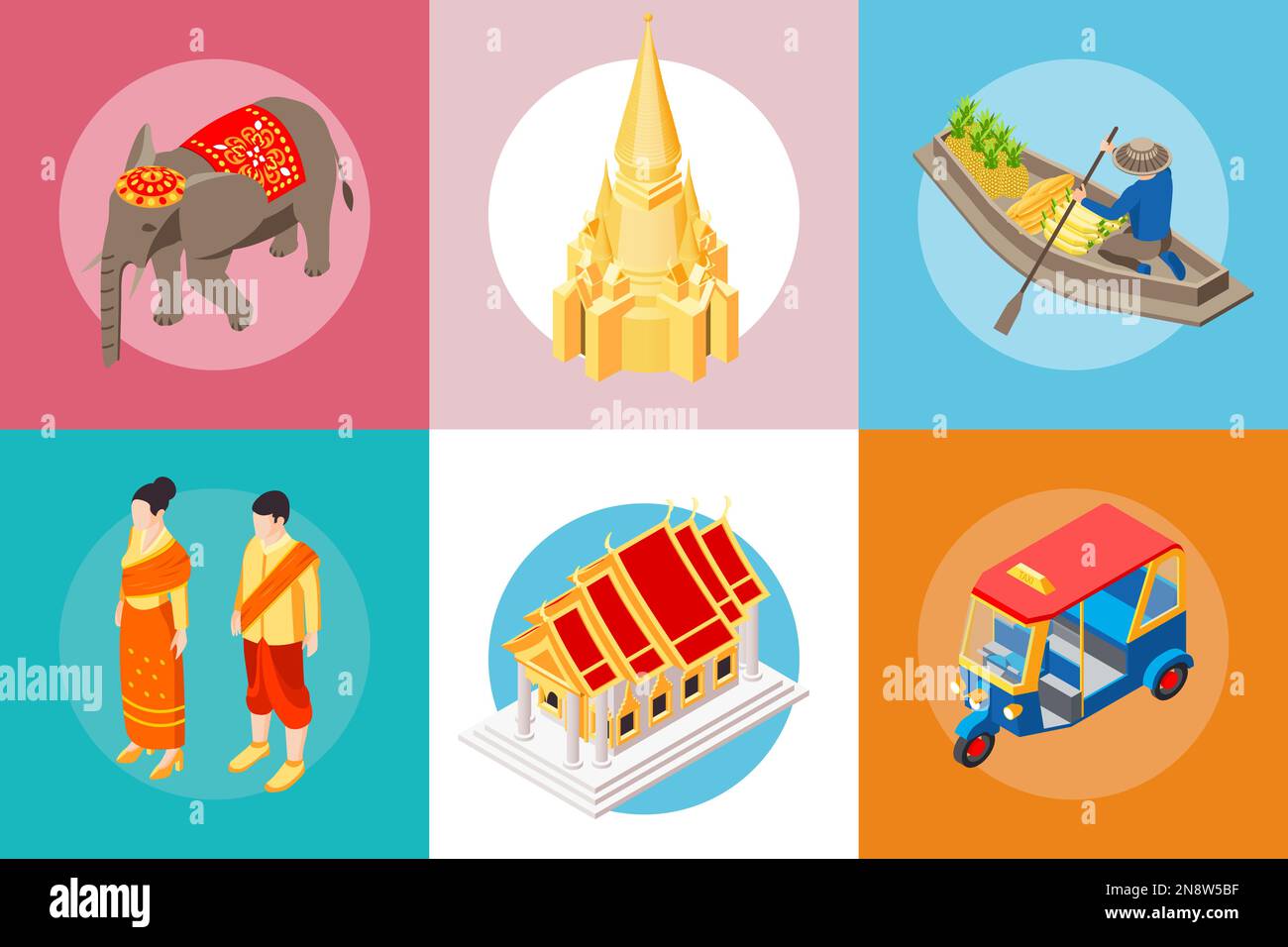 Thai travel set with isolated round compositions of isometric ...