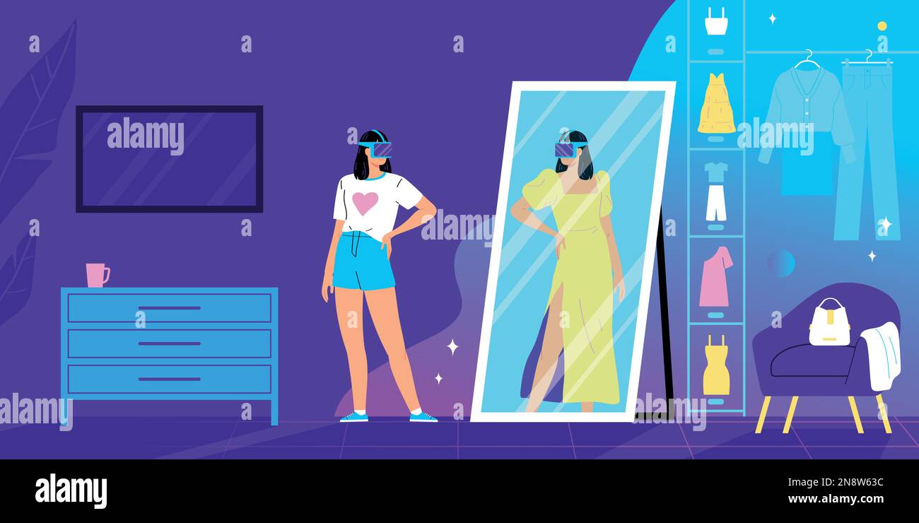 Augmented reality horizontal background with young girl in VR glasses ...