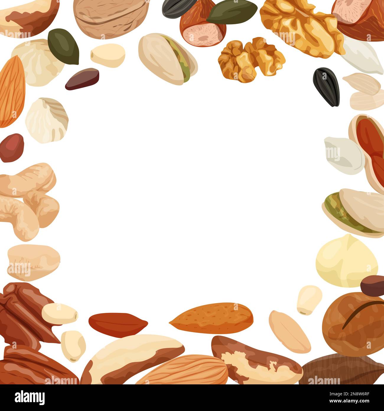 Nuts and seeds flat composition with empty space surrounded by images ...