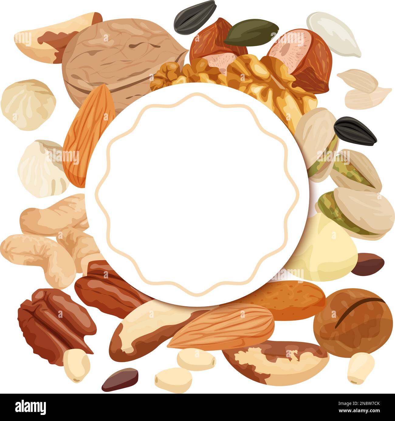 Composition with empty ornate circle frame surrounded by nuts and seeds ...