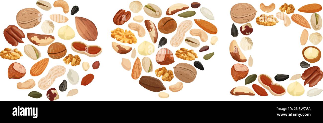 Nuts and seeds flat set with isolated bean icons combined into circle ...