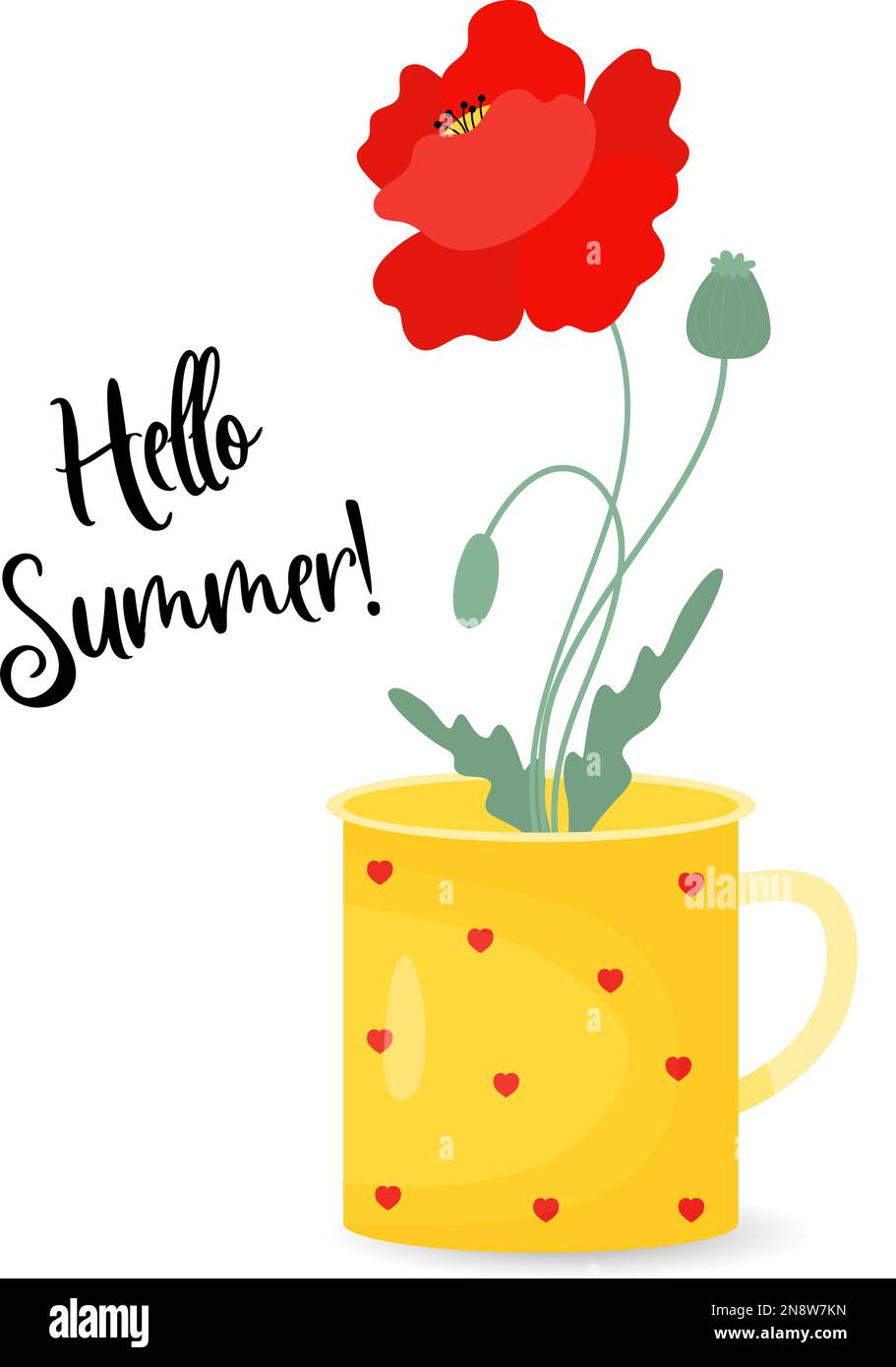 Red poppy flower in cup. Poster hello summer. Vector illustration in ...