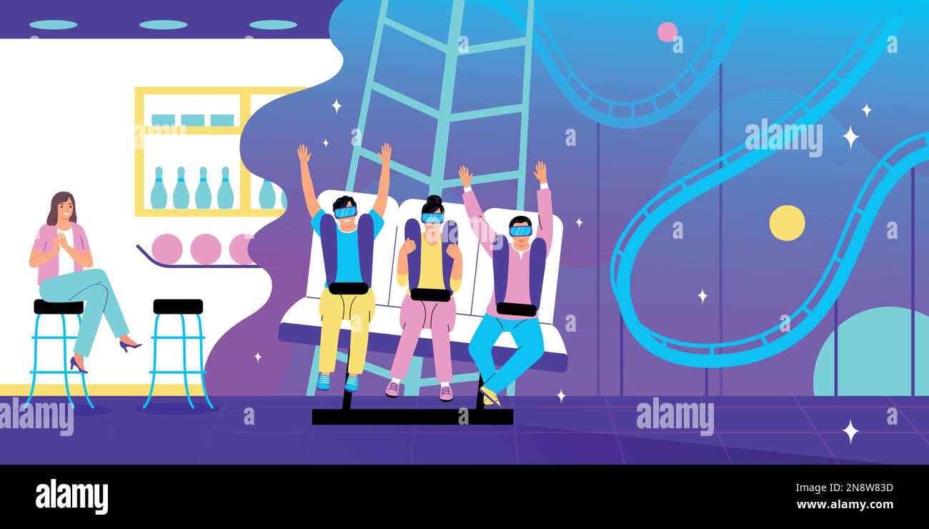 Virtual reality flat vector illustration with young people in VR ...