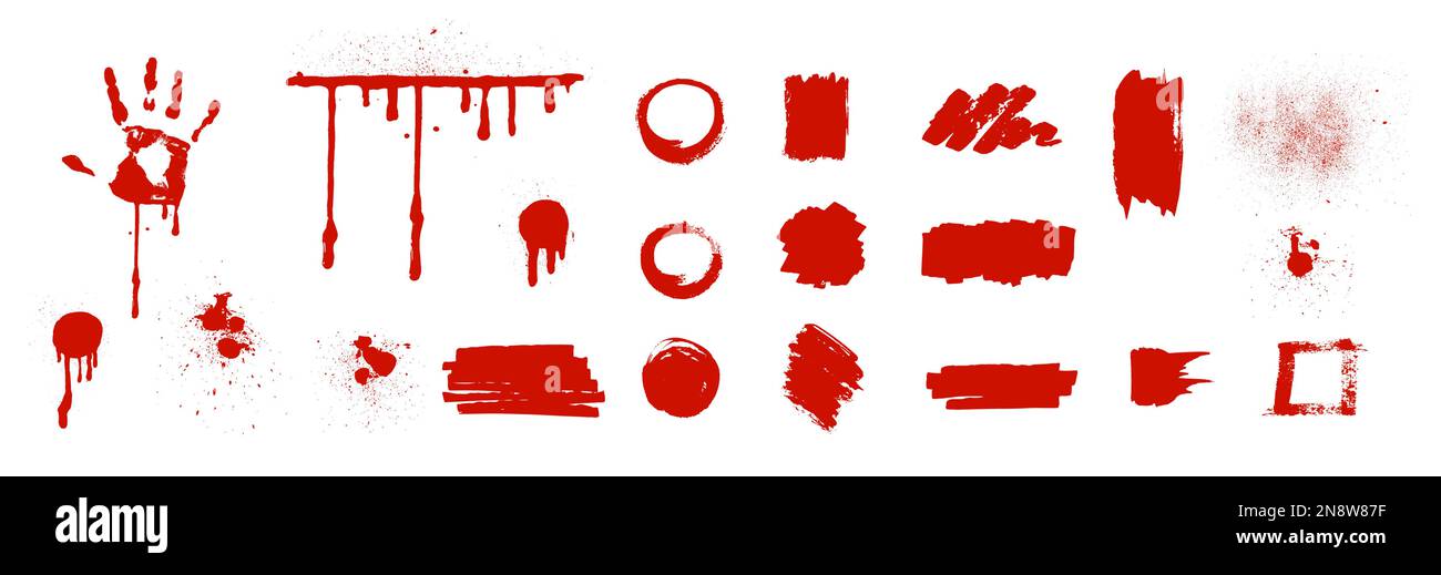 Red paint or blood blots and splatter on white background realistic set ...