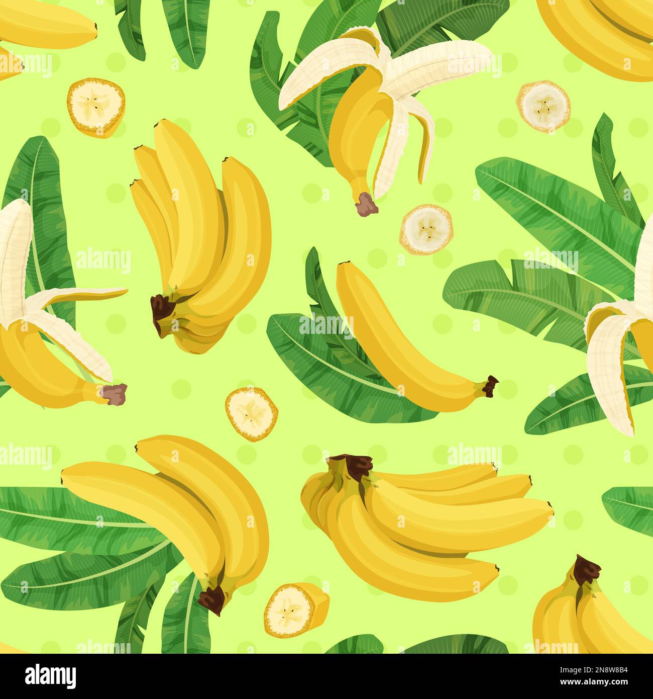 Banana flat composition with square pattern and set of palm leaves fruits and slices of banana ...