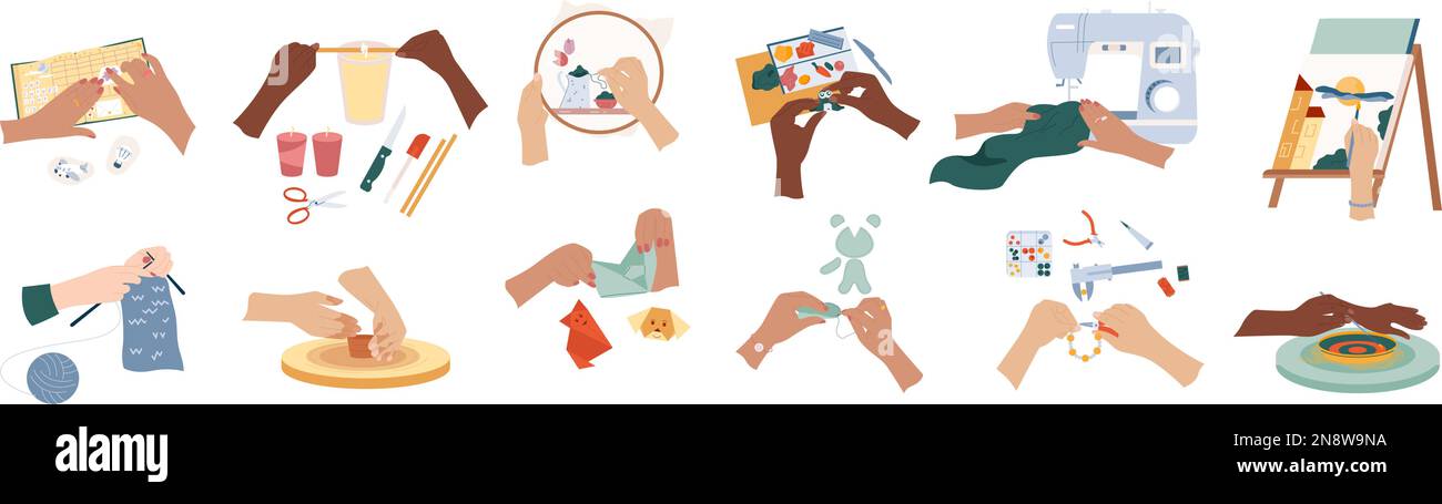 Hands craft set with flat isolated icons on blank background with ...