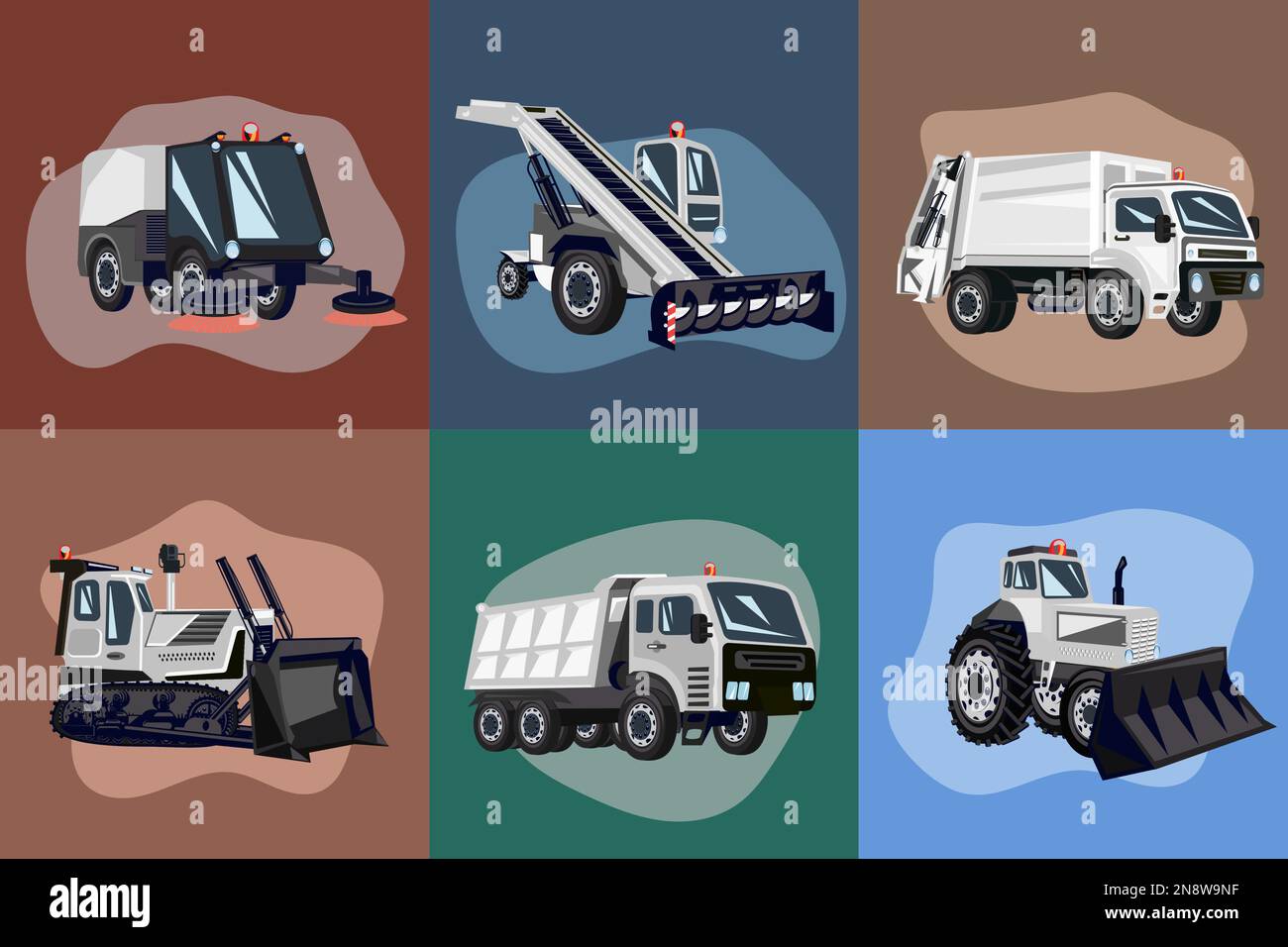 Municipal transport set of flat road cleaning vehicles and trucks on ...