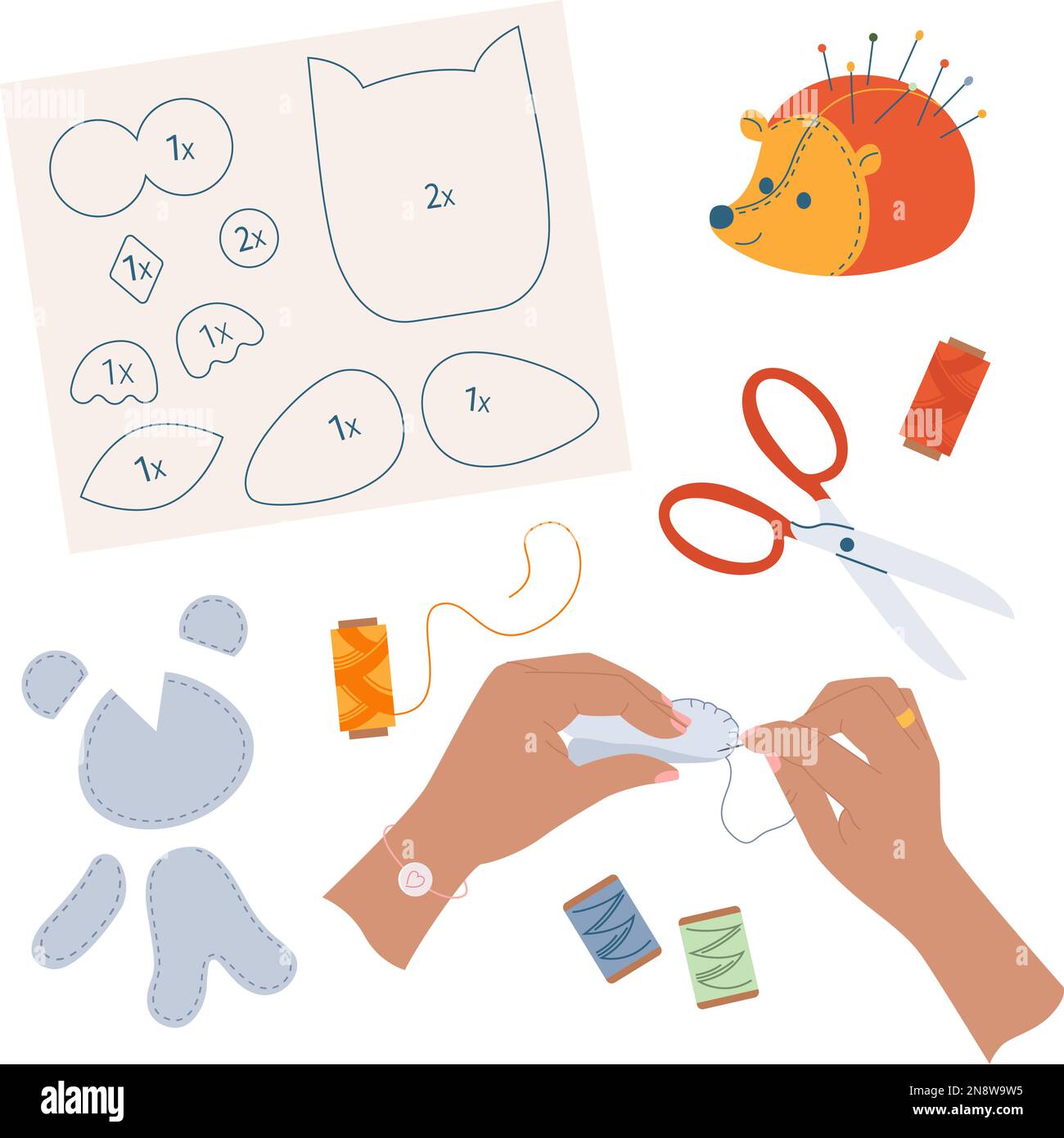 Hands craft flat composition of hands with needle sewing toy parts with ...