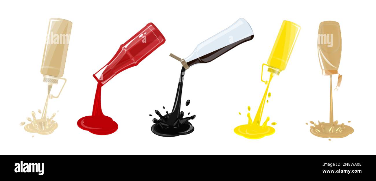 Sauces pouring from plastic and glass bottles flat set with soy cheese ...