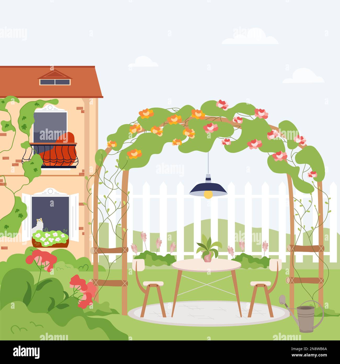 Home gardening flat composition with outdoor scenery of house backyard ...