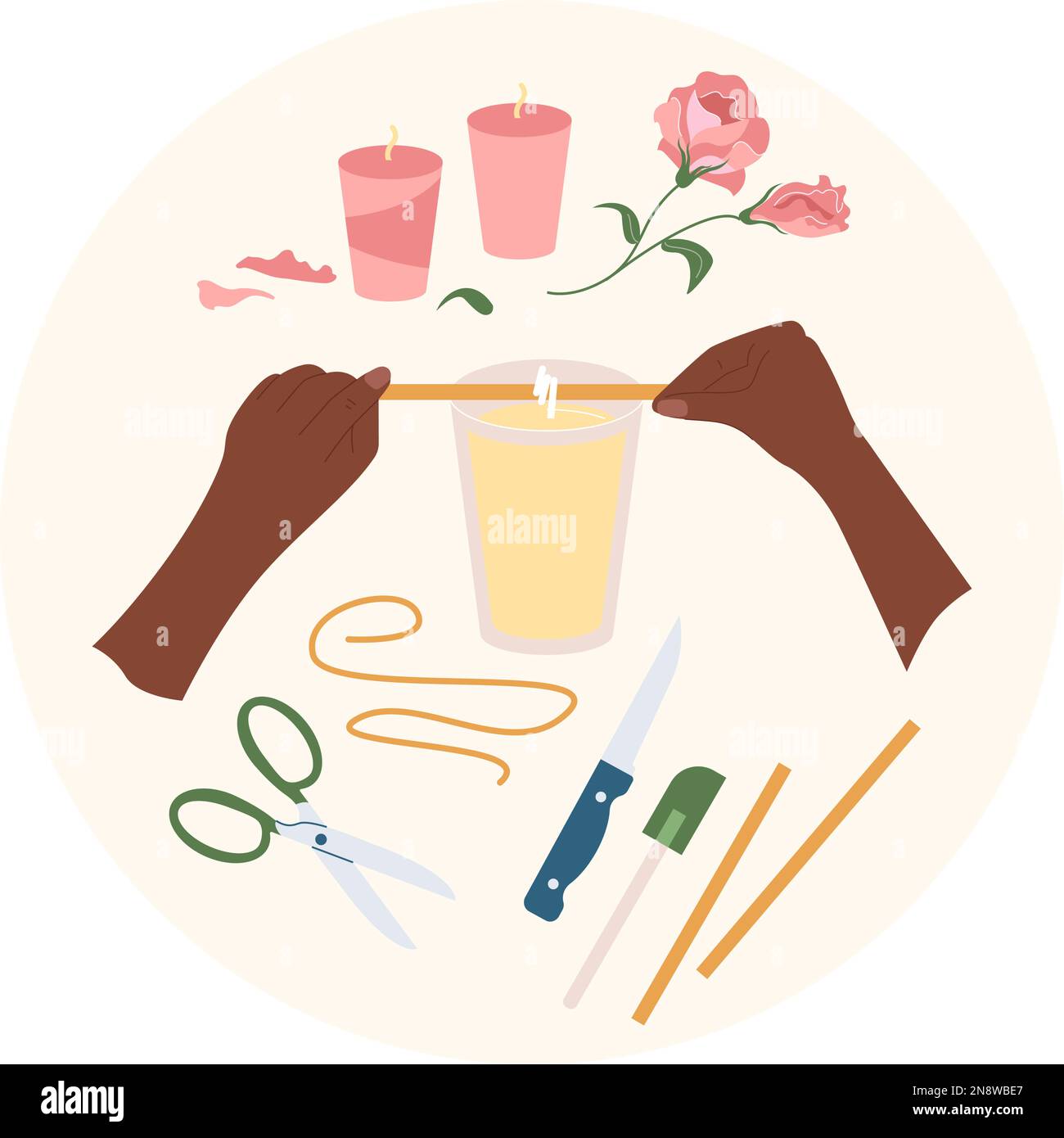 Hands craft flat background with candle sticks flowers and scissors ...