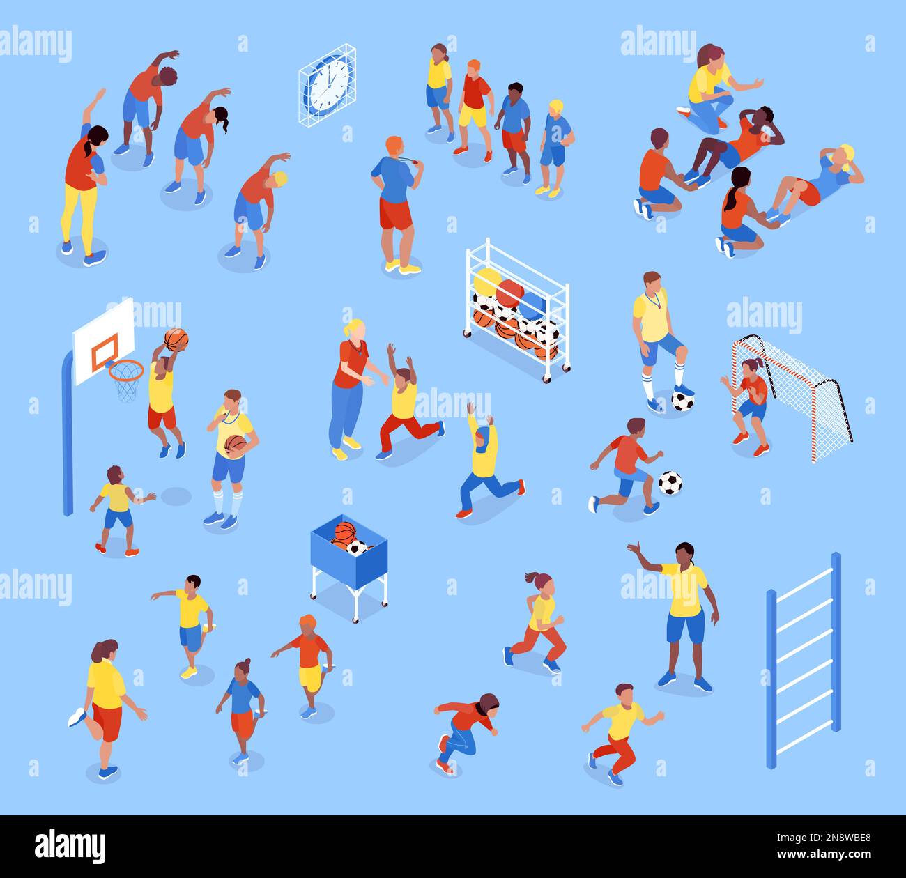 Isometric pe lesson color set with isolated characters of children ...