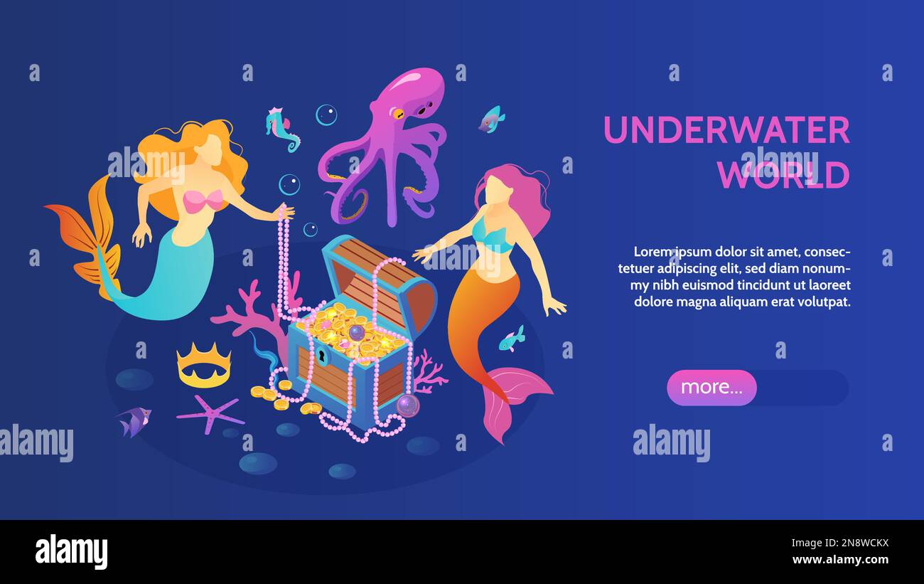 Isometric underwater world horizontal banner with editable text more ...
