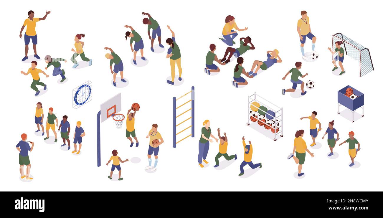 Isometric physical education lesson set of isolated icons with adult trainers helping kids with ...