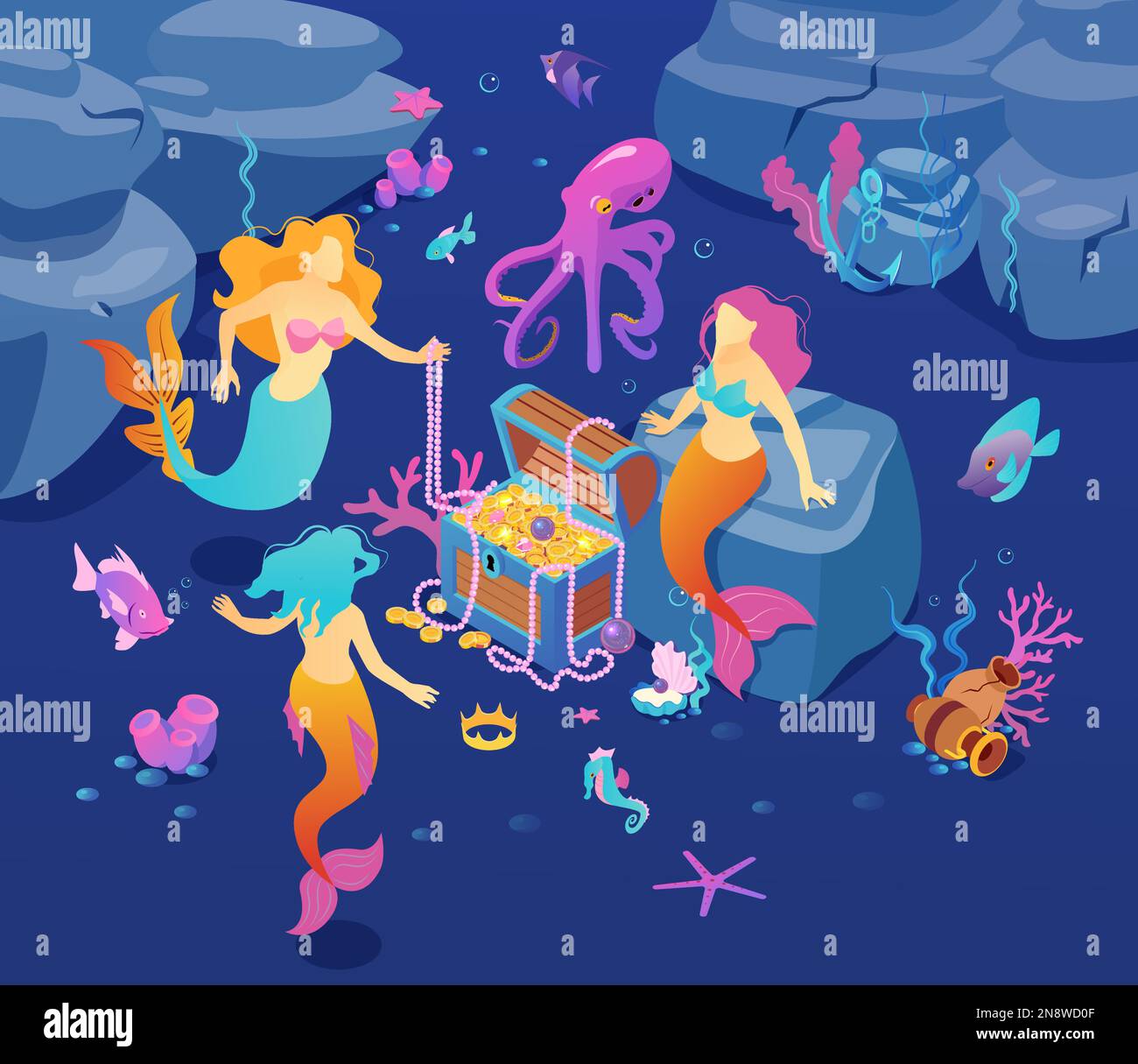 Isometric underwater world mermaid composition with mermaids ...