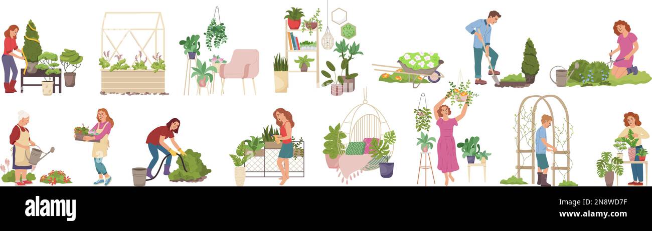 Home gardening set of flat isolated icons with human characters and ...