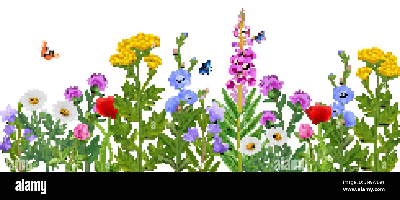 Realistic wildflower field with colorful flowers and butterflies vector ...
