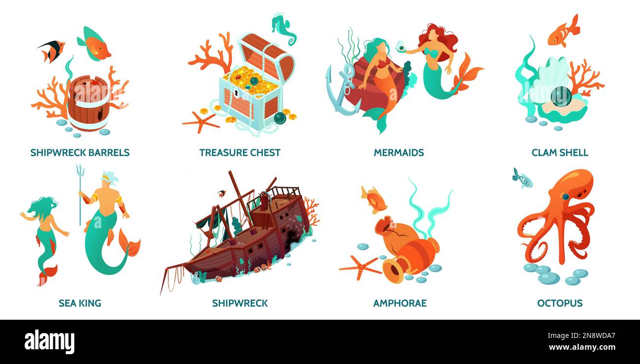 Set with isometric underwater world compositions with isolated images ...