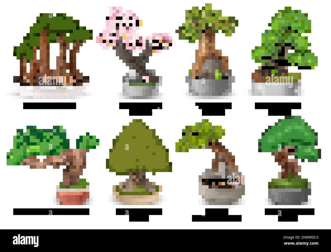 Realistic japanese bonsai trees in flowerpots icons set isolated vector ...