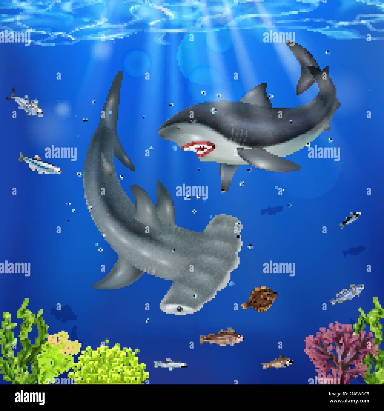 Realistic shark fishes in the sea on deep underwater background vector ...