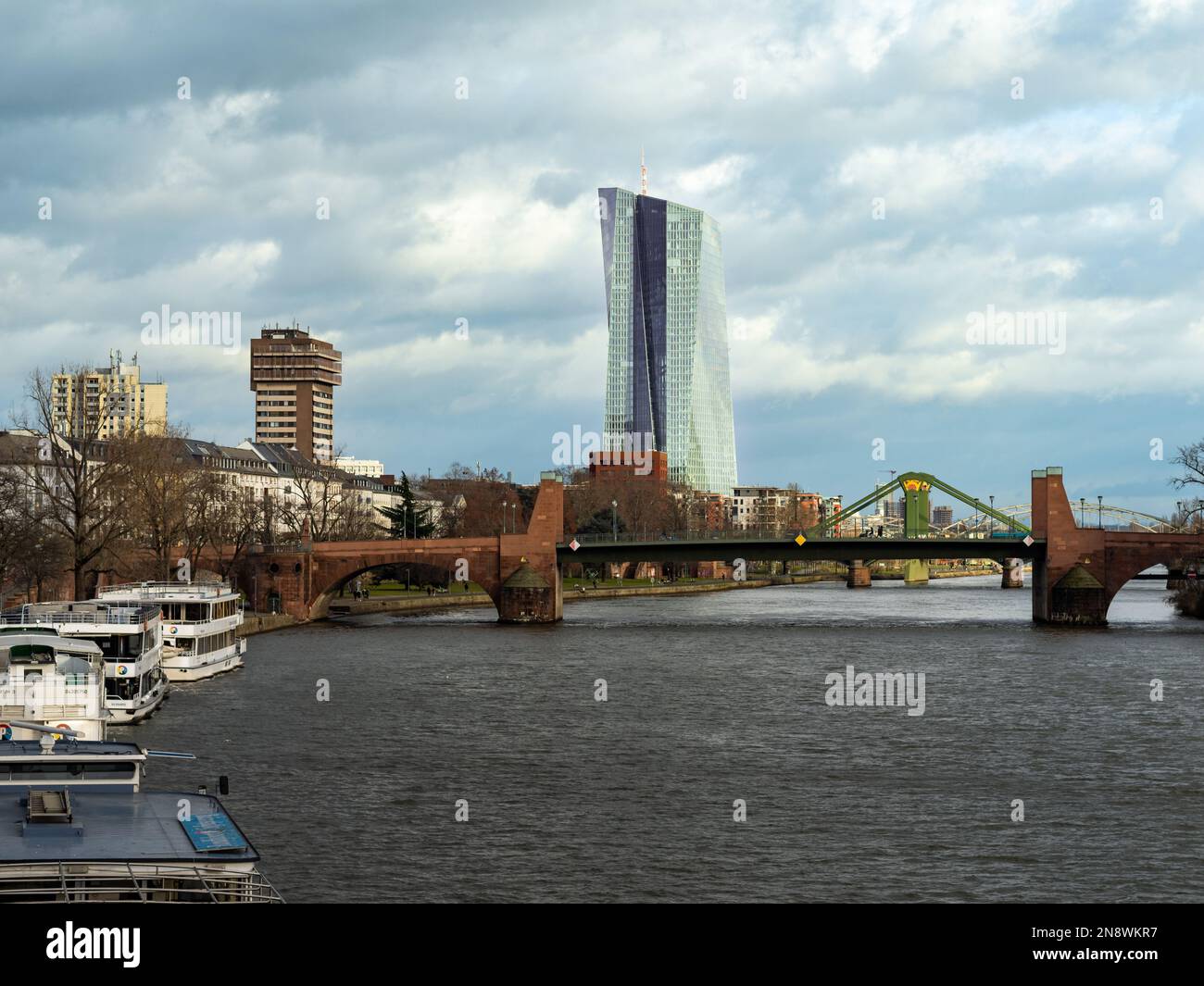 Bridges over the Main river and the ECB tower. Architecture in the city ...