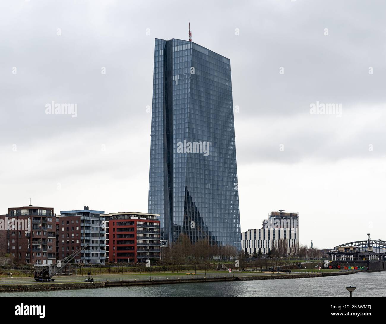 ECB Tower next to the Main river. Skyscraper of the European Central ...