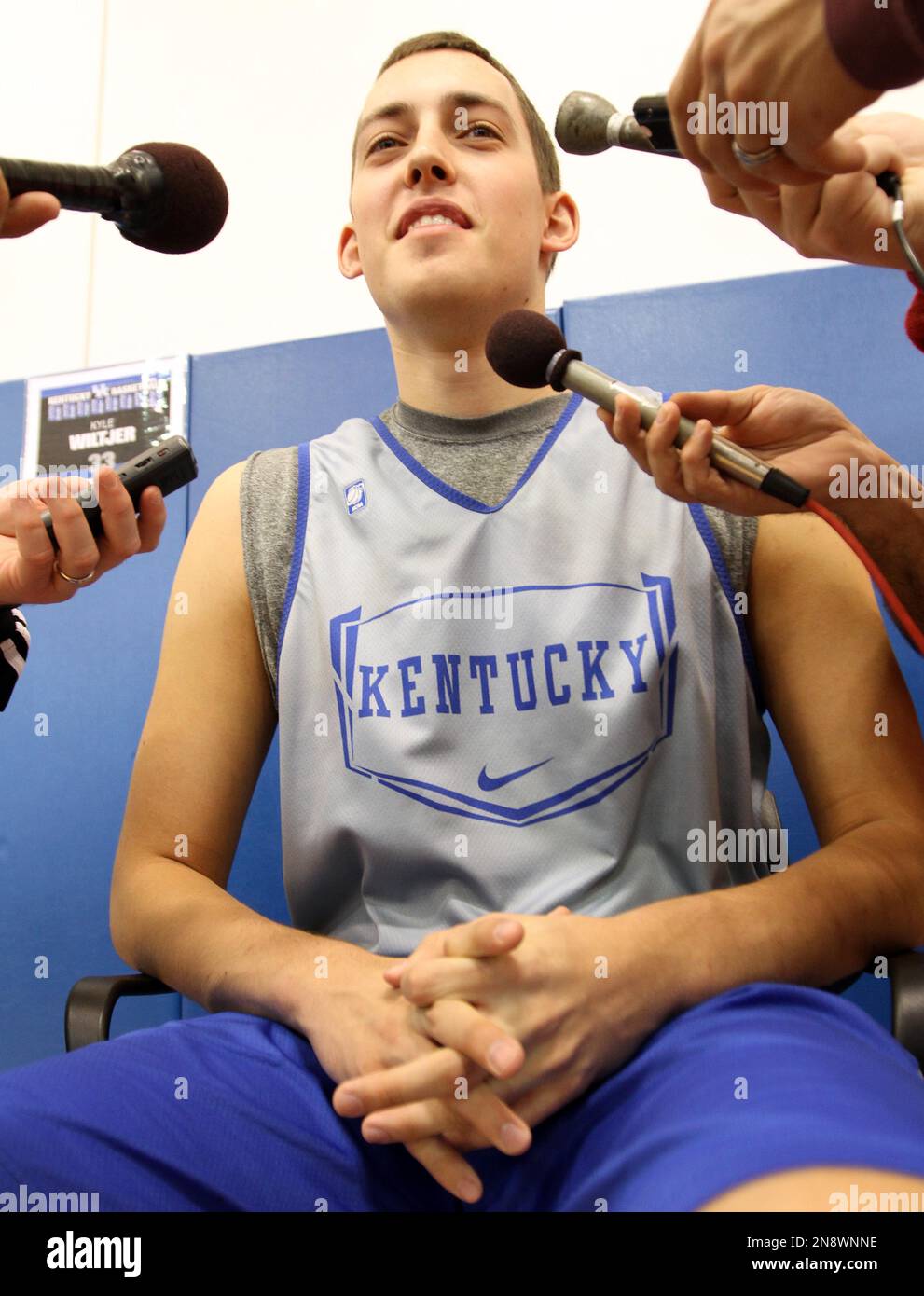 Kyle Wiltjer answers a reporters question during Kentucky's NCAA ...
