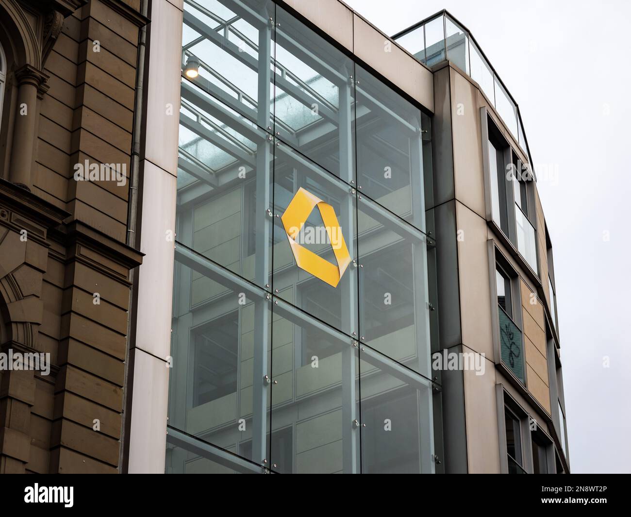 Commerzbank AG logo on the headquarters building. Major bank in Germany ...