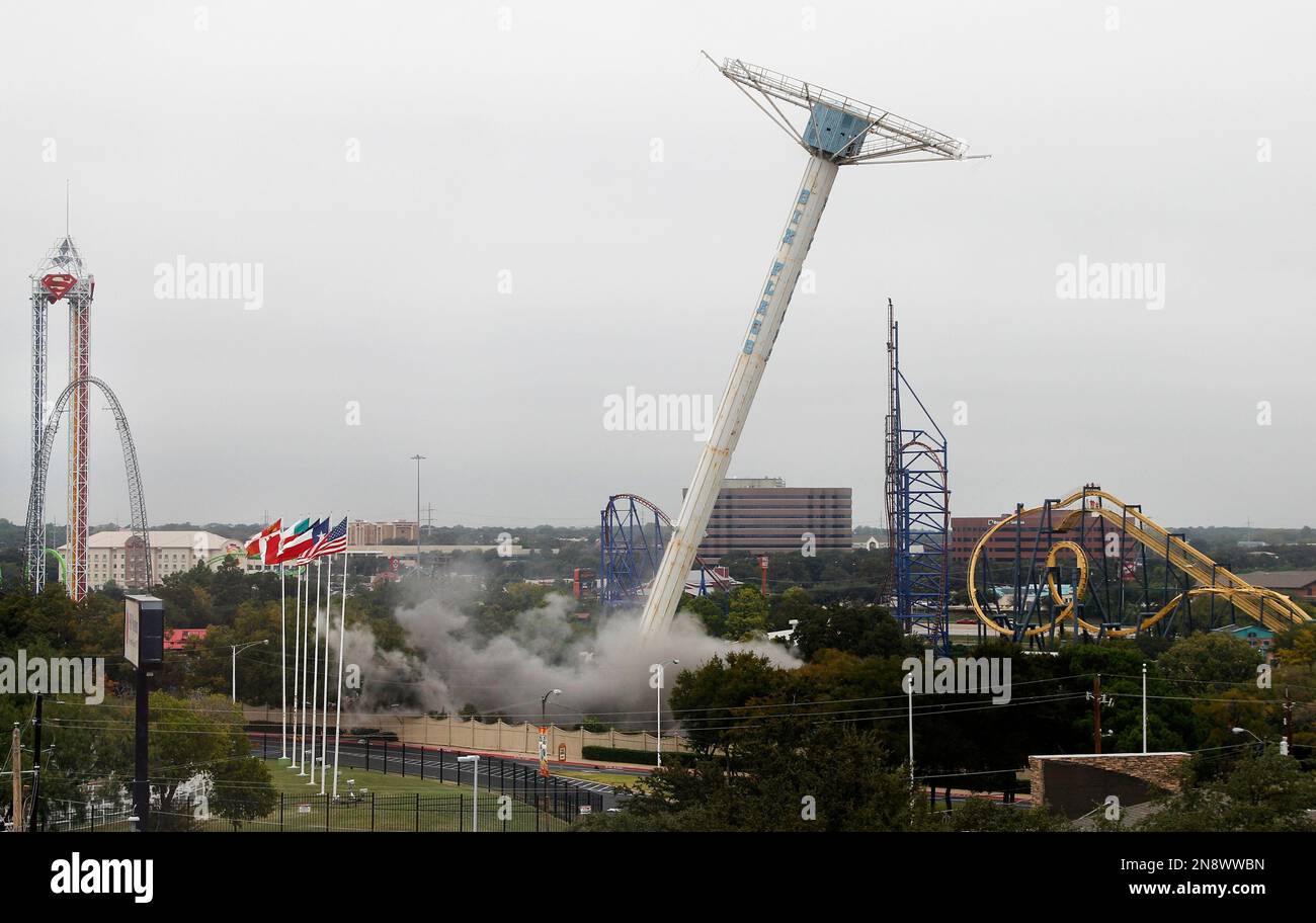 The Texas Chute Out ride falls over as planned during an implosion by ...