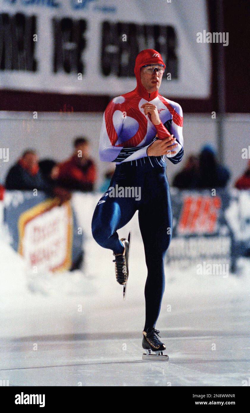 U.S. speed skater Dan Jansen warms up before a race in West Allis, Wisc ...