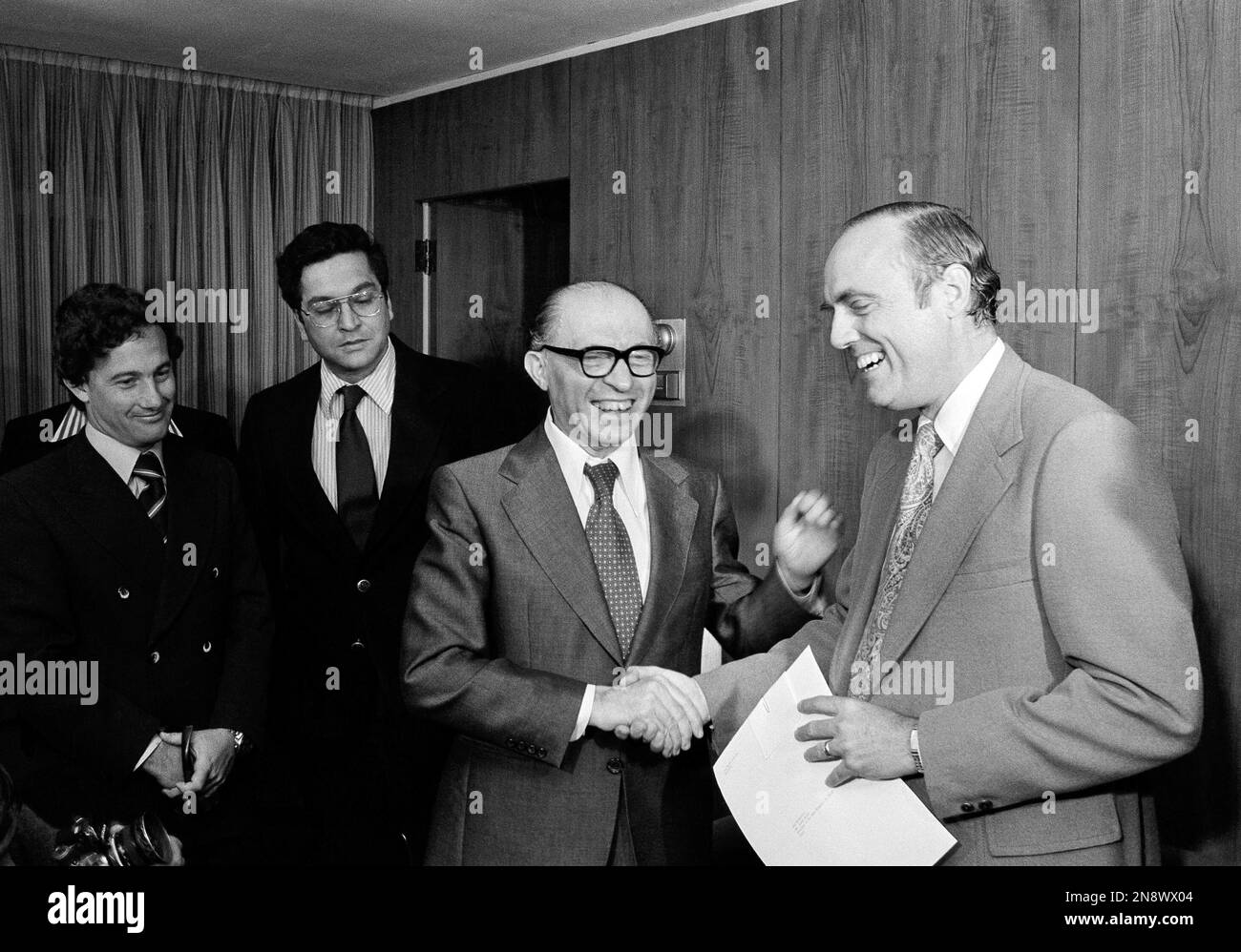 Israli Prime Minister Menachem Begin, left, with Samuel Lewis U.S ...
