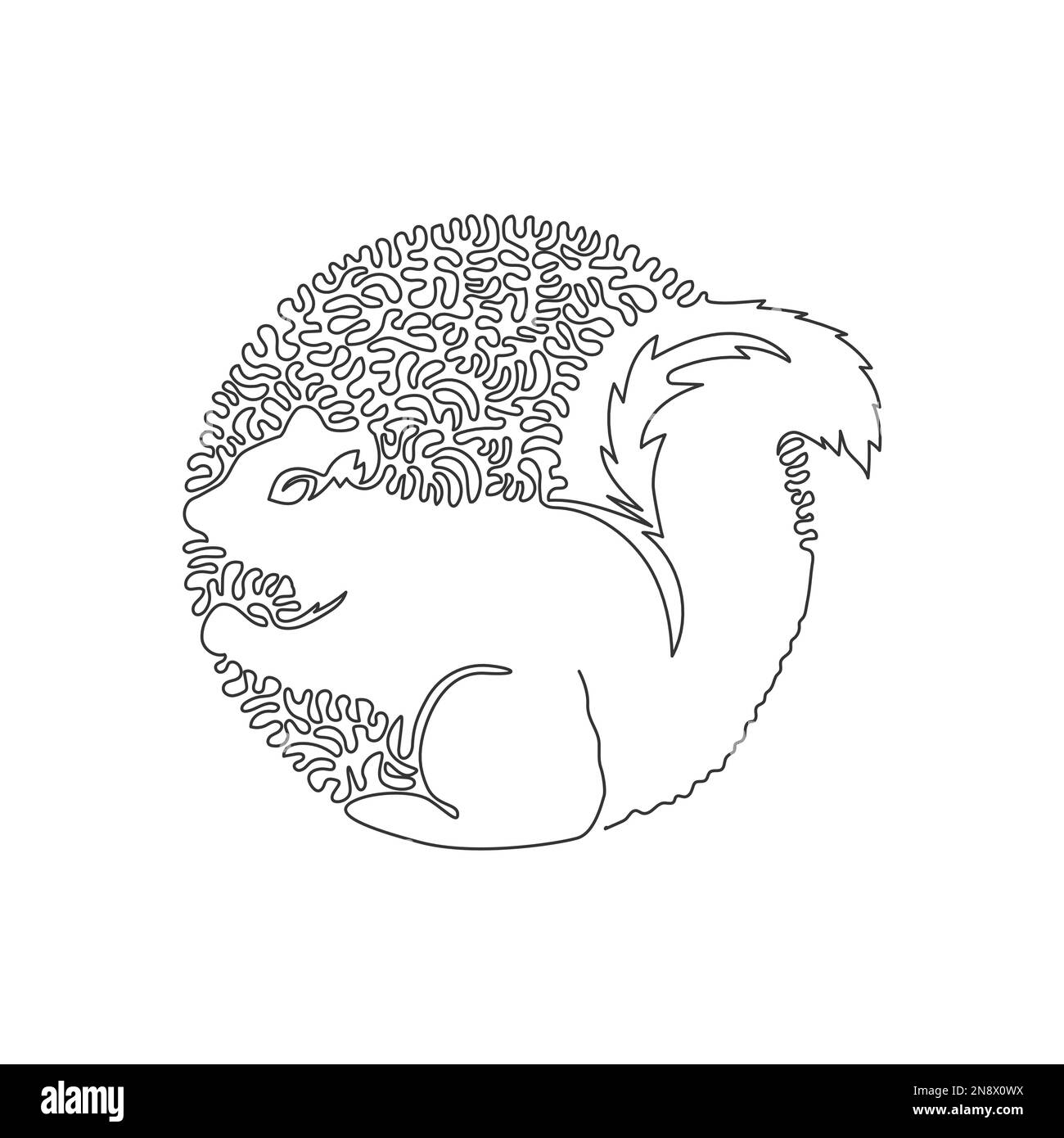 Single one curly line drawing of fluffy squirrel abstract art ...