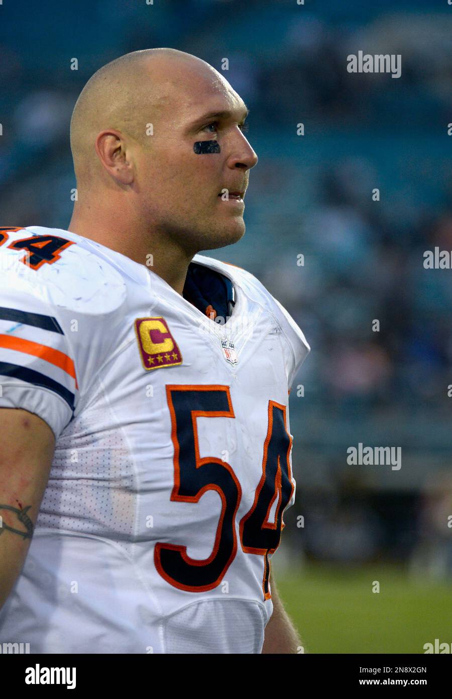 Chicago Bears middle linebacker Brian Urlacher (54) watches from the ...