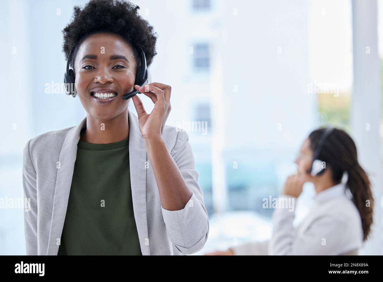 Call center, portrait and black woman in office for crm, telemarketing and customer service on ...