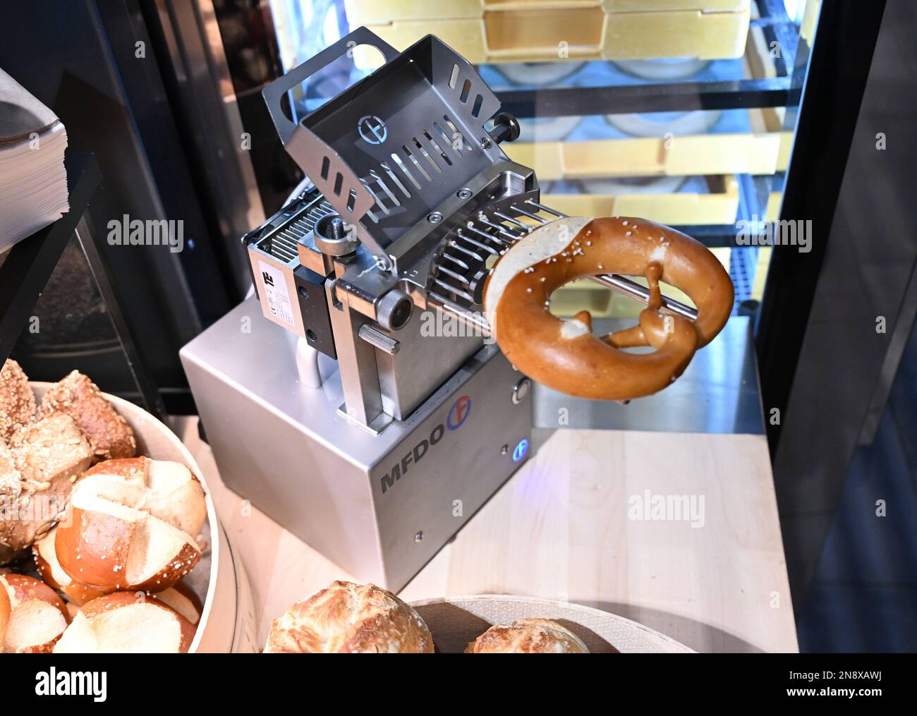 Stuttgart, Germany. 02nd Feb, 2023. In a bakery store in the market hall, a pretzel is ...
