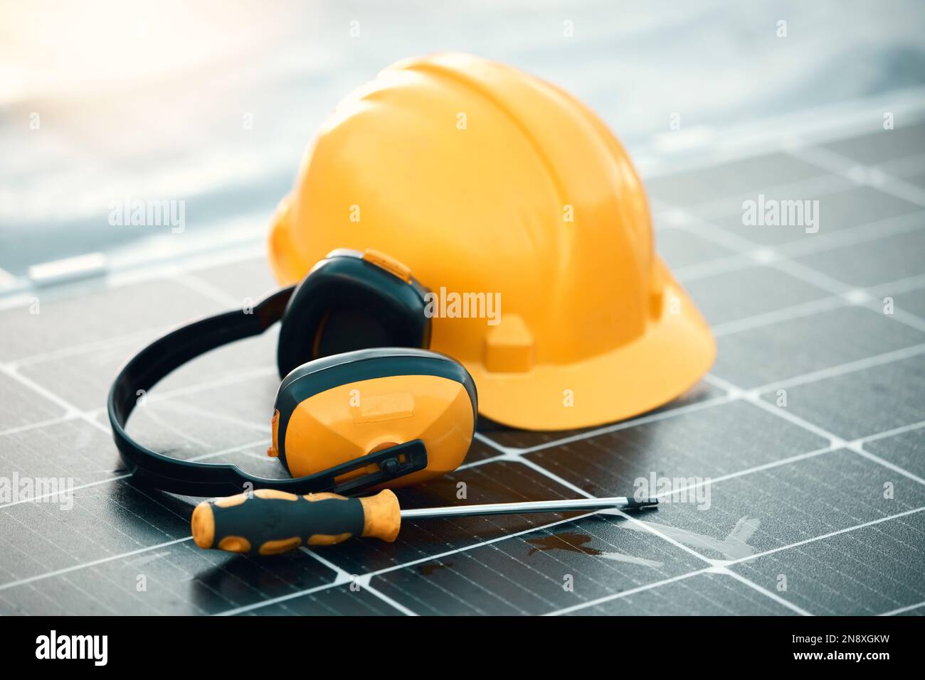 Solar panel maintenance, tools and outdoor by helmet, headphones or ...