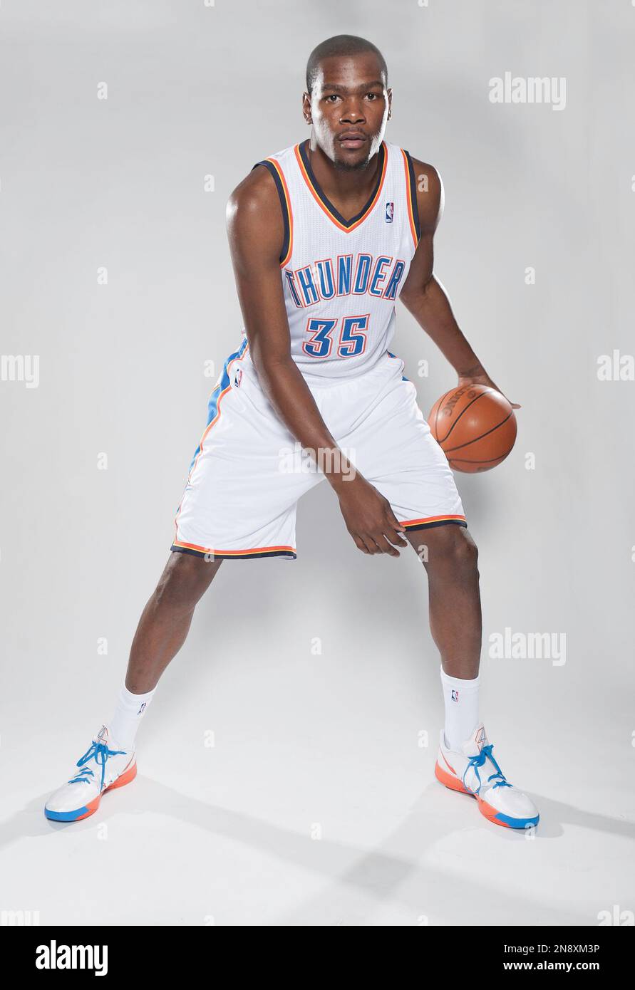 Oklahoma City Thunder's Kevin Durant poses for a photo during media day ...