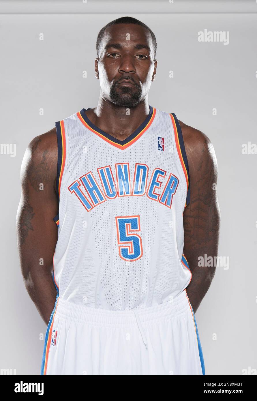 Oklahoma City Thunder's Kendrick Perkins poses for a photo during media ...