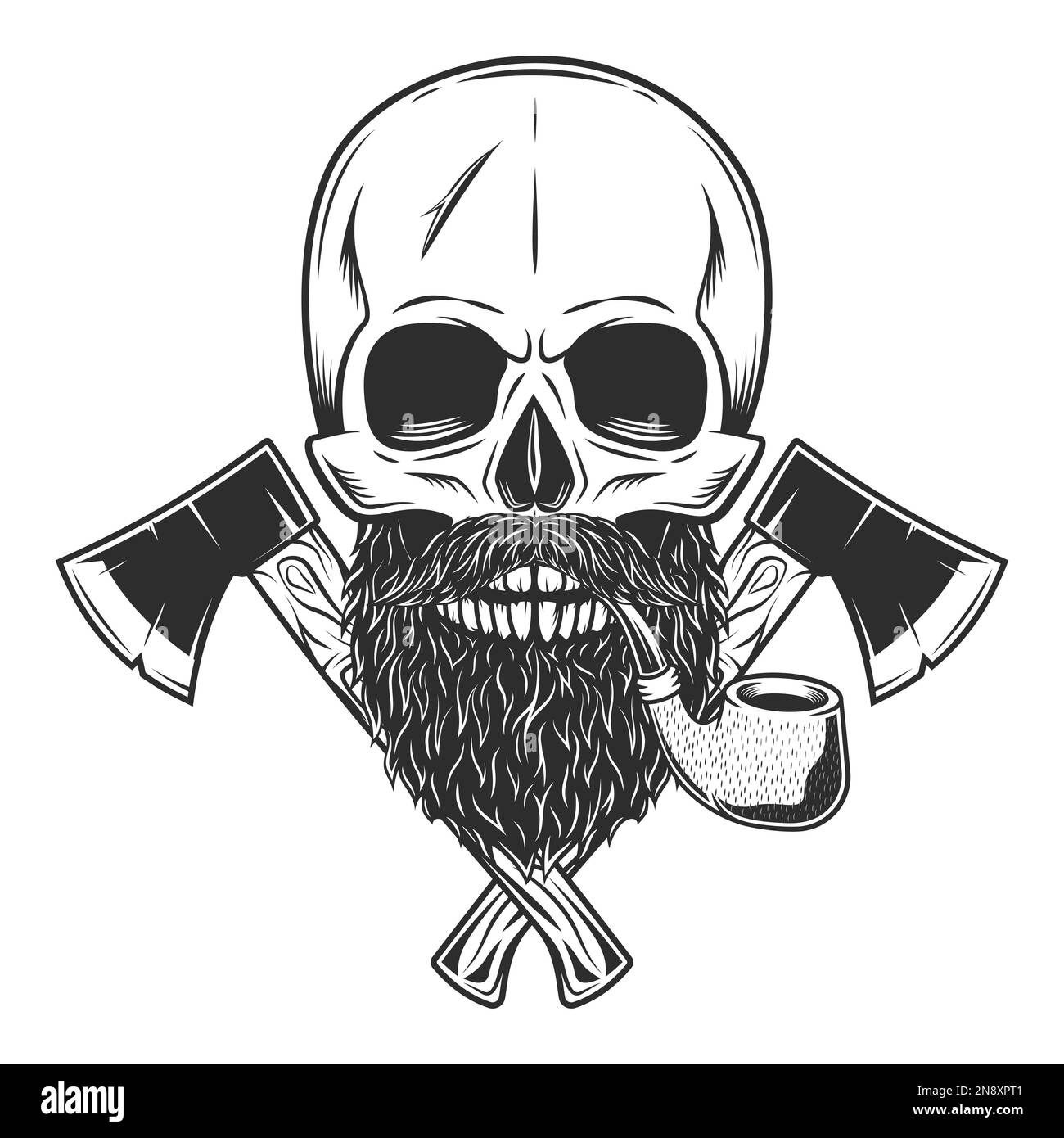 Skull smocking pipe or cigarette with mustache and beard and crossed ...