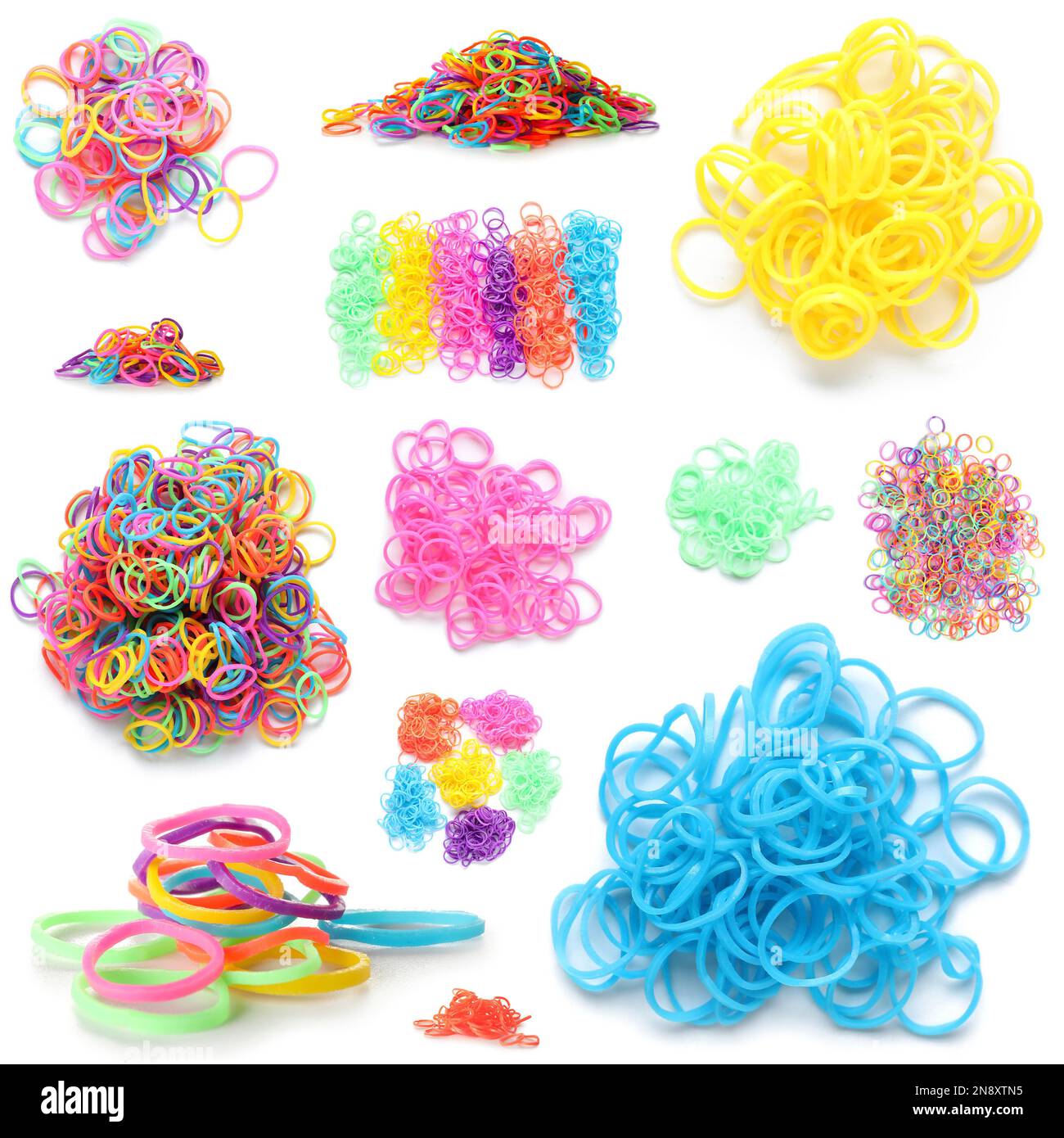 Collage of colorful rubber bands on white background Stock Photo - Alamy