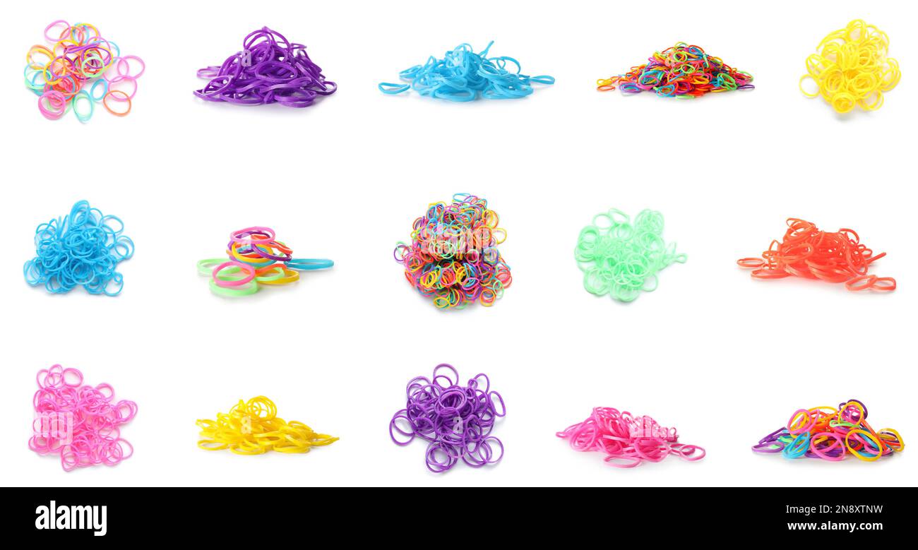 Collage of colorful rubber bands on white background Stock Photo - Alamy