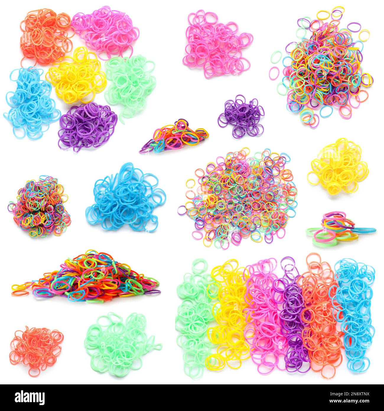 Collage of colorful rubber bands on white background Stock Photo - Alamy