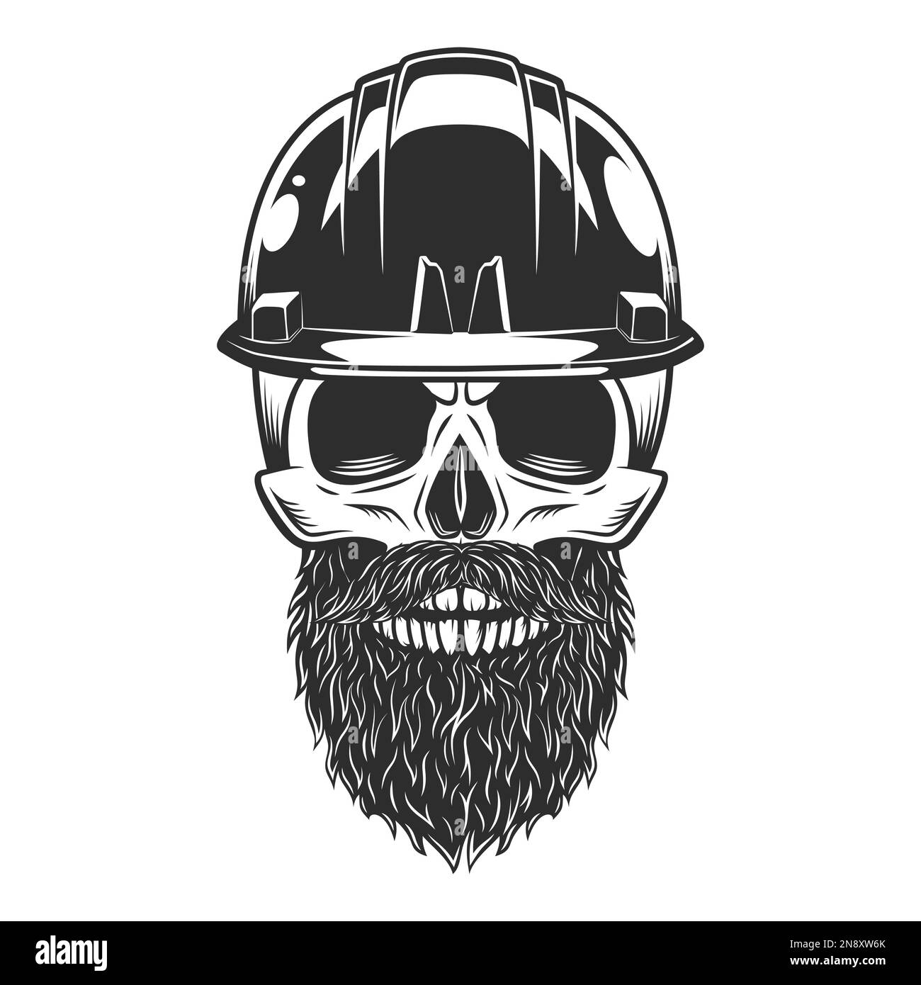 Skull with beard and mustache in the miner or construction hard hat ...