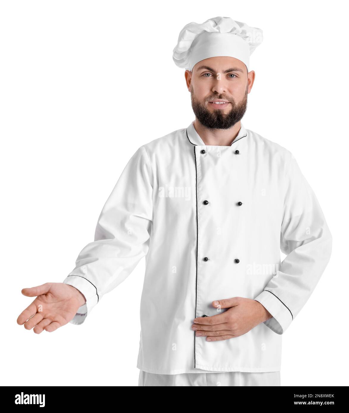 Male baker in uniform on white background Stock Photo - Alamy