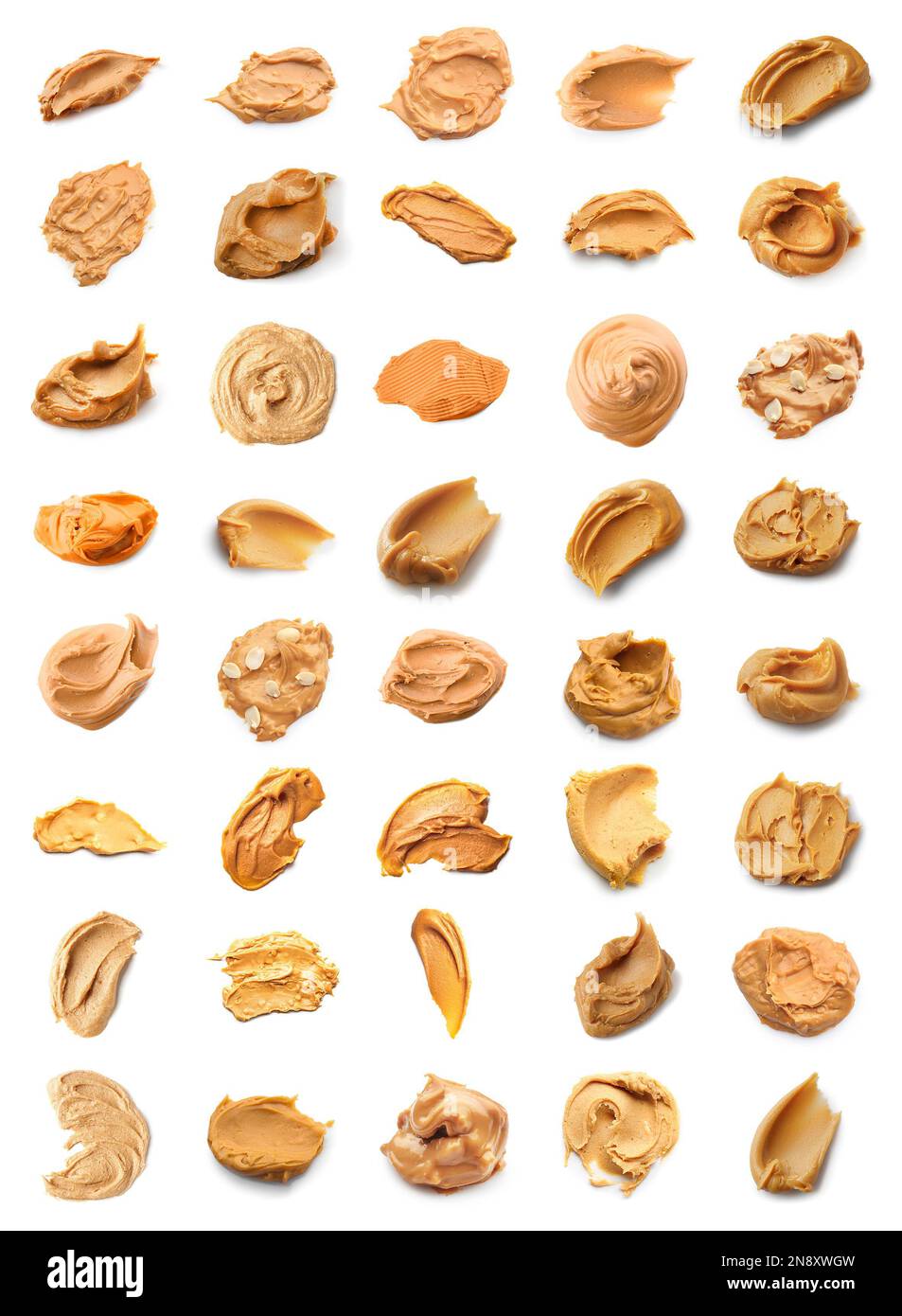 Collage of tasty peanut butter samples on white background Stock Photo ...