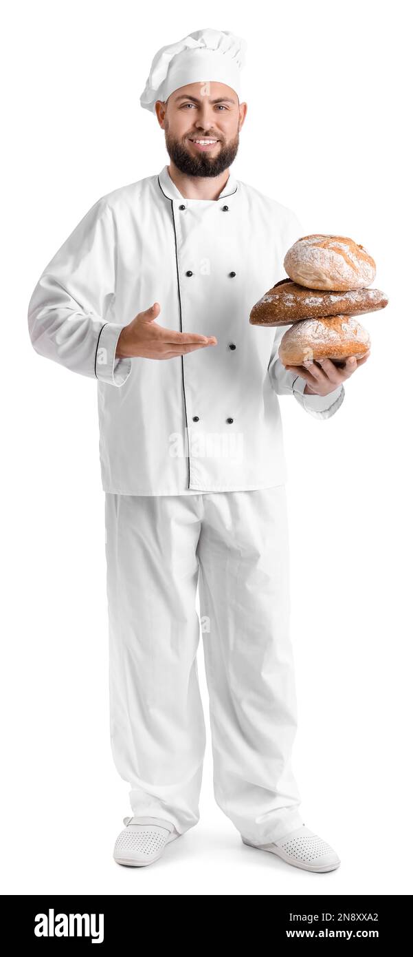 Male baker with loaves of fresh bread on white background Stock Photo ...