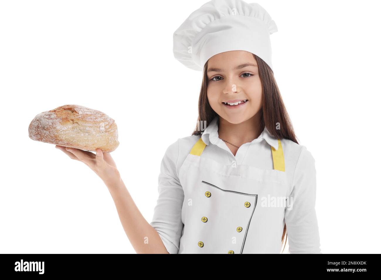 Little baker with fresh bread on white background Stock Photo - Alamy