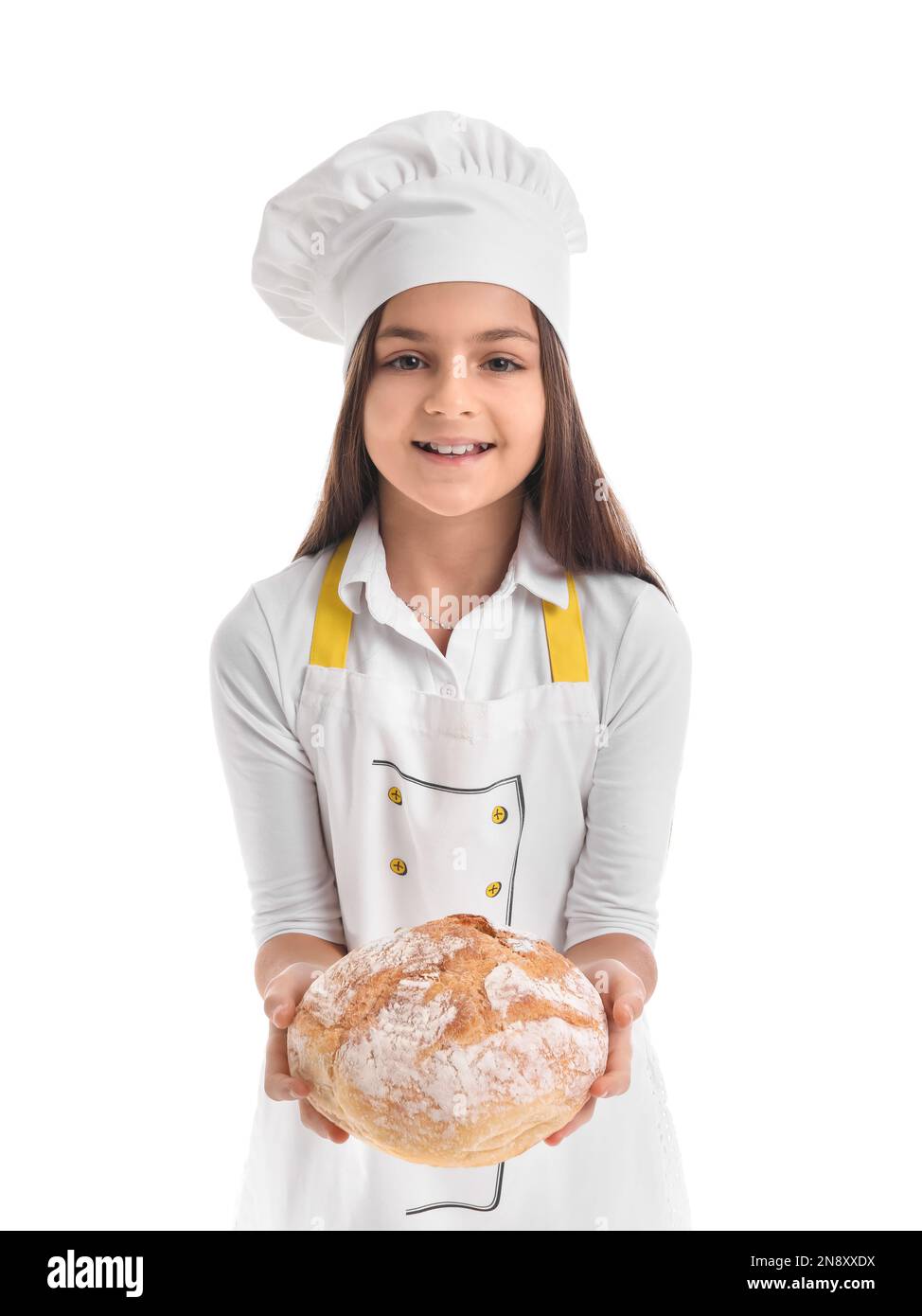 Little baker with fresh bread on white background Stock Photo - Alamy