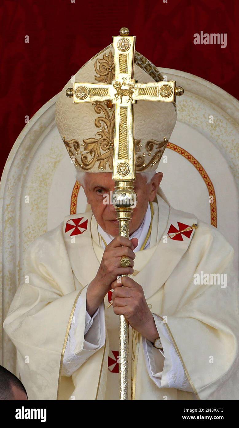 Pope Benedict XVI holds his pastoral staff at the end of a Mass in ...