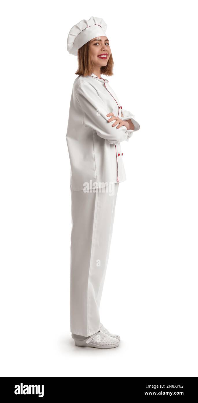 Female baker in uniform on white background Stock Photo - Alamy